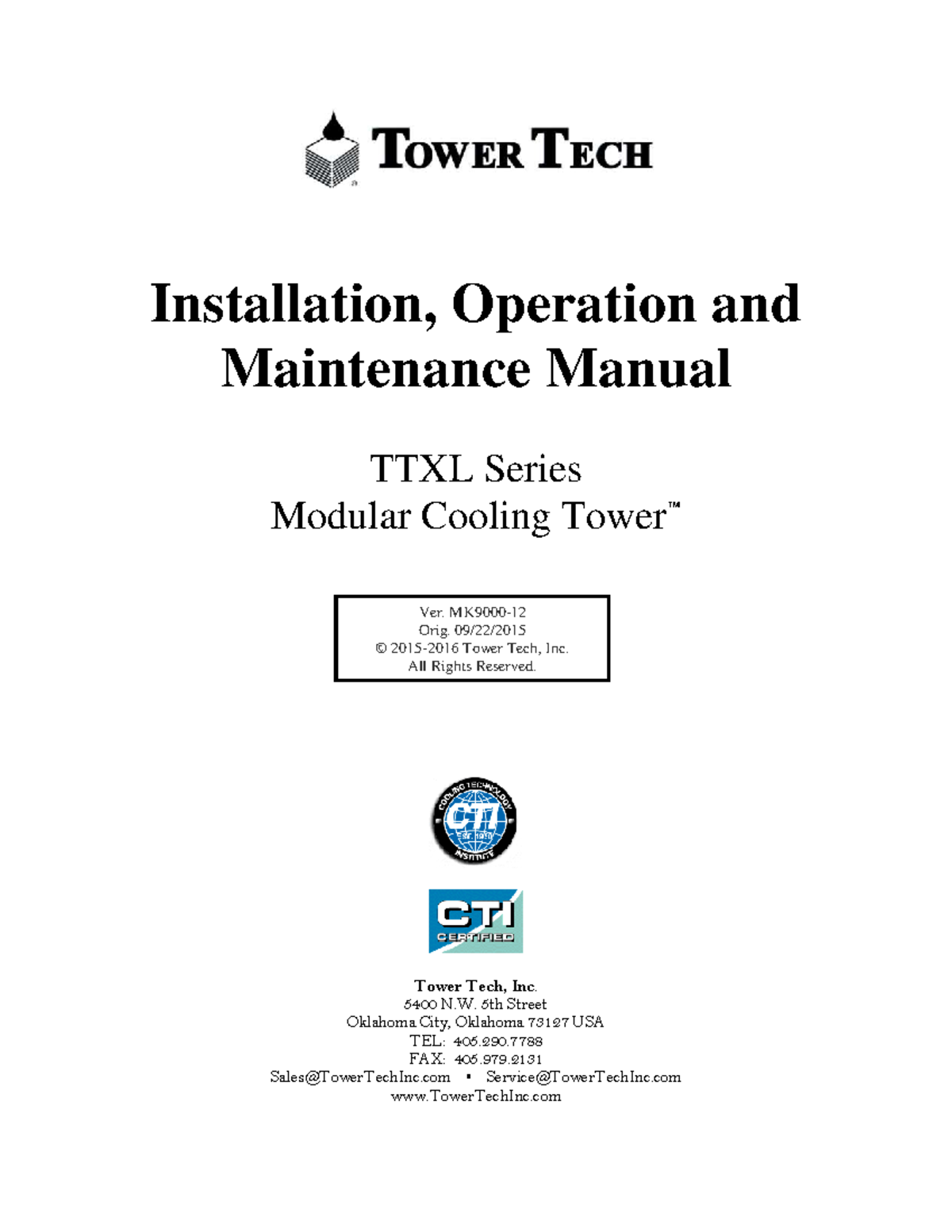 TTXL Series Modular Cooling Tower Installation & Maintenance Manual ...