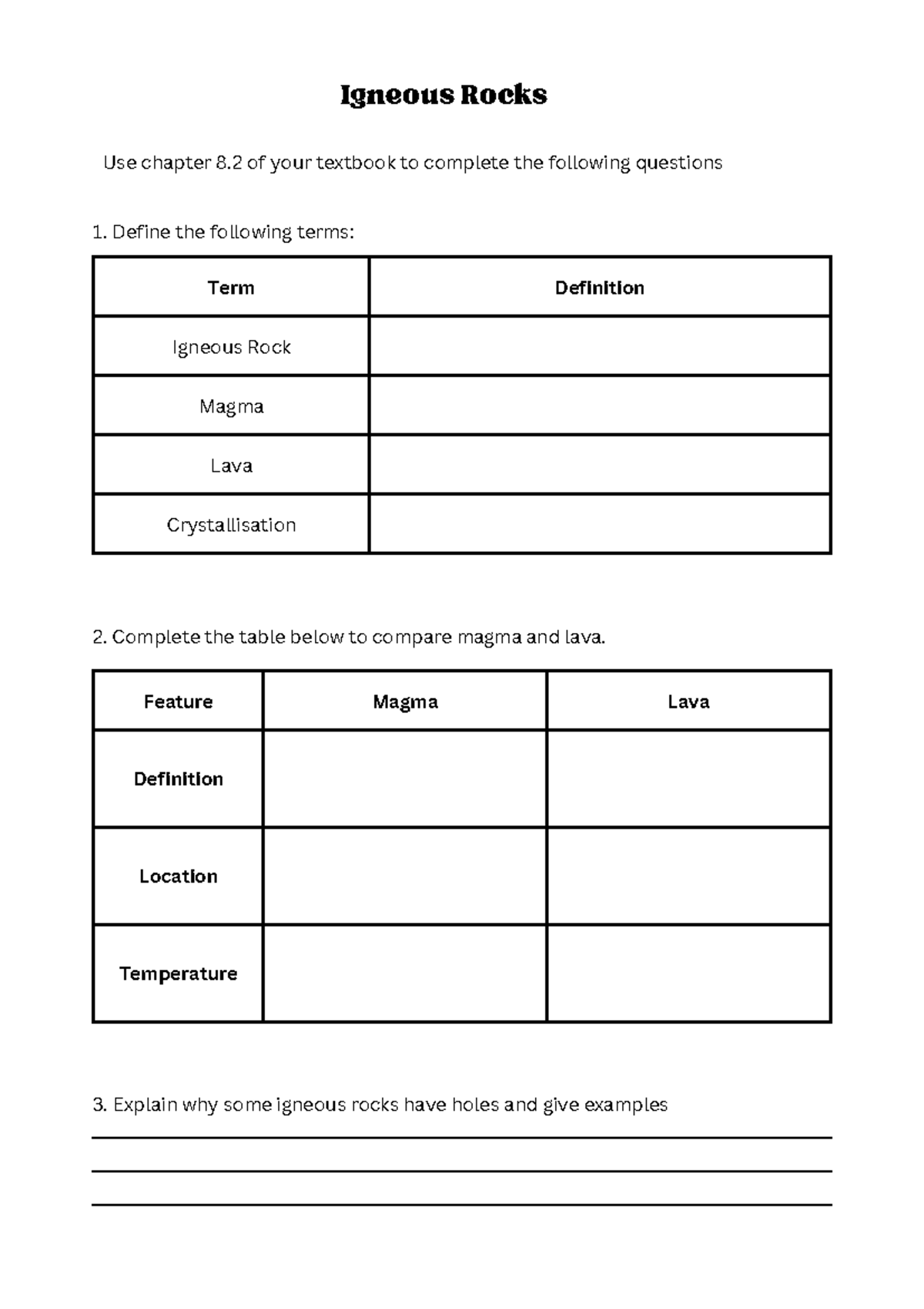 Year 8 Science: Igneous Rocks Chapter 8.2 Notes and Questions - Studocu