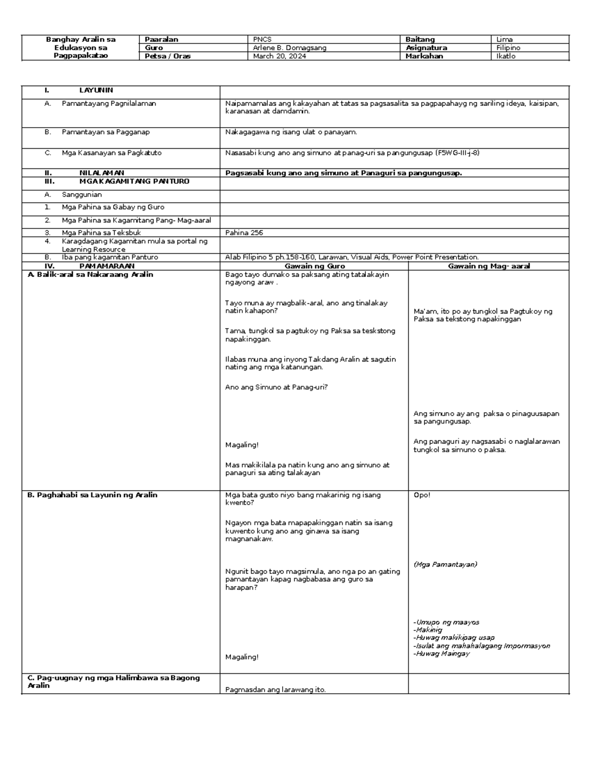 Filipino 5 March 20 Lesson on Simuno at Panag-uri - Studocu