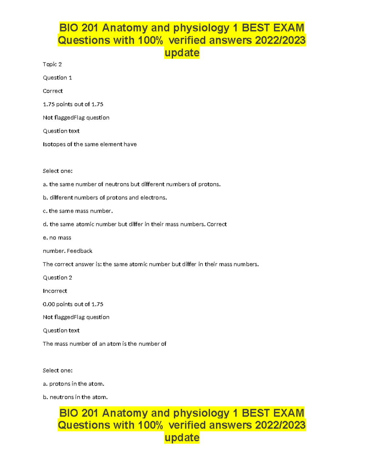 BIO 201 Anatomy and Physiology 1 Final Exam Questions with Answers ...
