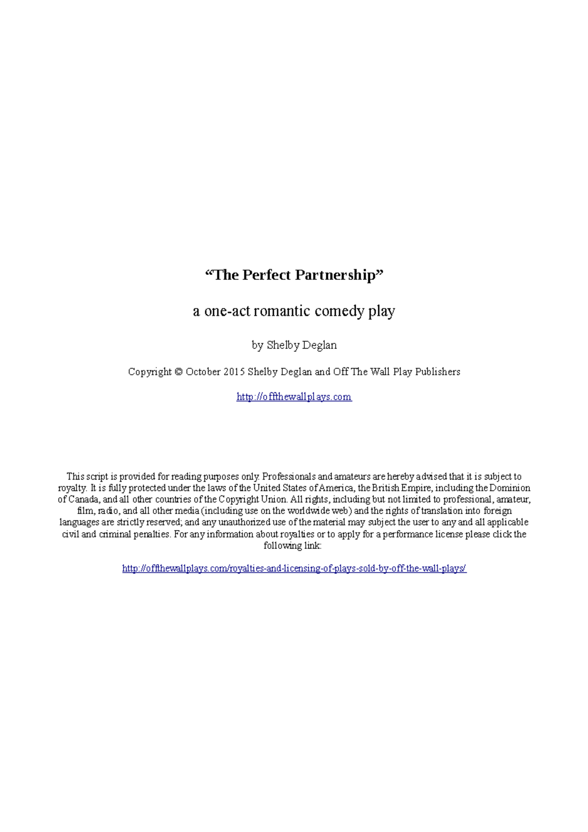 The Perfect Partnership: A One-Act Romantic Comedy Script - Studocu