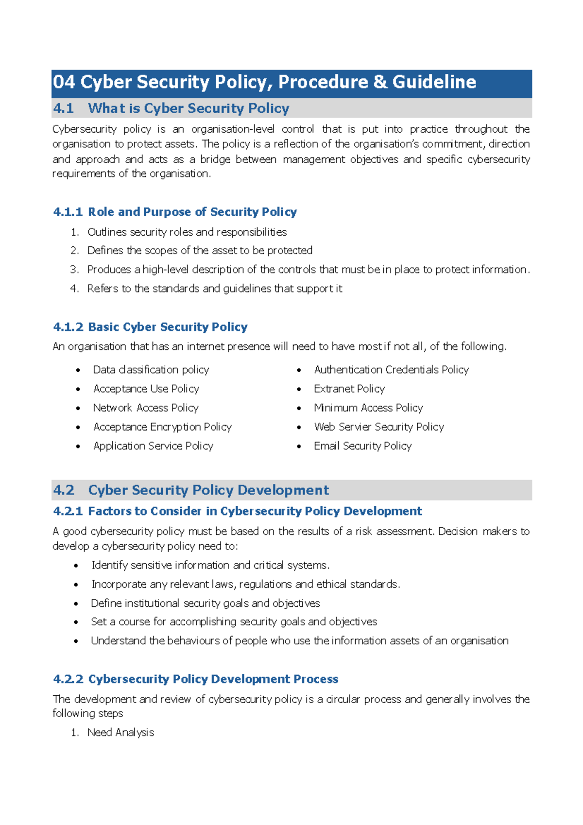Lecture 4 Notes: Cyber Security Policy & Procedure Guidelines - Studocu