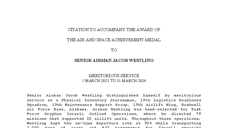 CITATION FOR AIR AND SPACE ACHIEVEMENT MEDAL - SR A WESTLING - Studocu