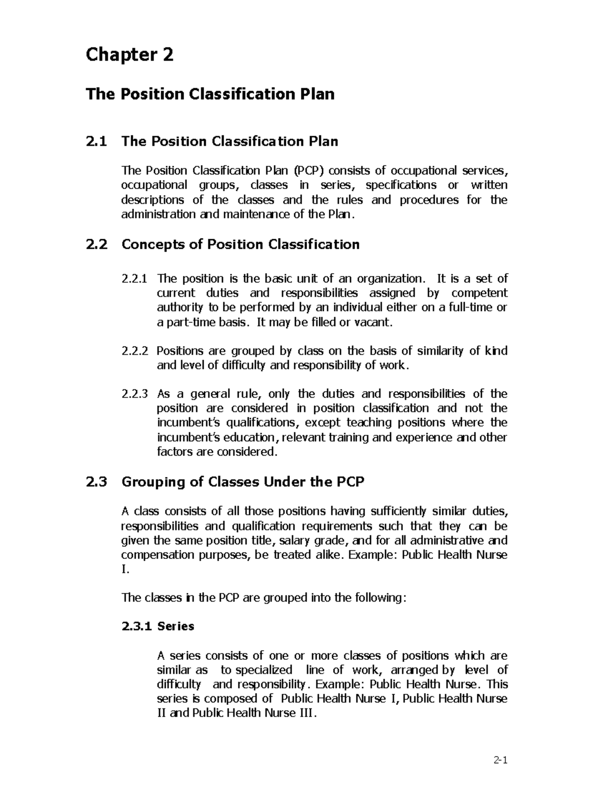 Manual on PCC Chapter 2: The Position Classification Plan - Studocu