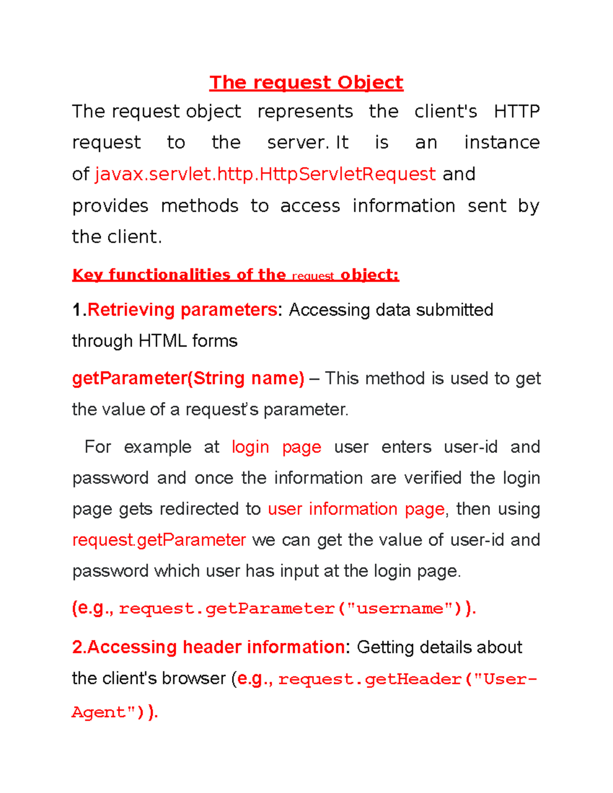 UNIT IV 3 - Java Notes: Understanding the Request Object - Studocu