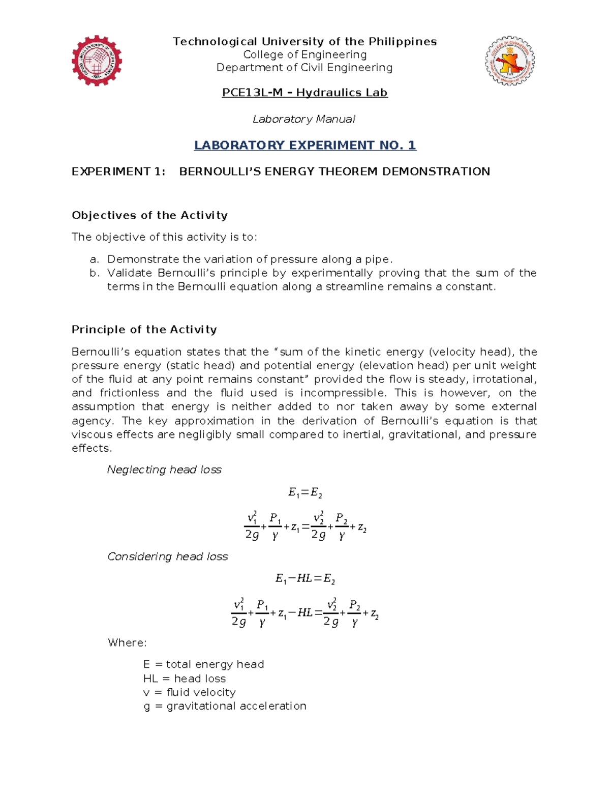 Laboratory Experiment No. 1: Bernoulli's Energy Theorem Demo - Studocu