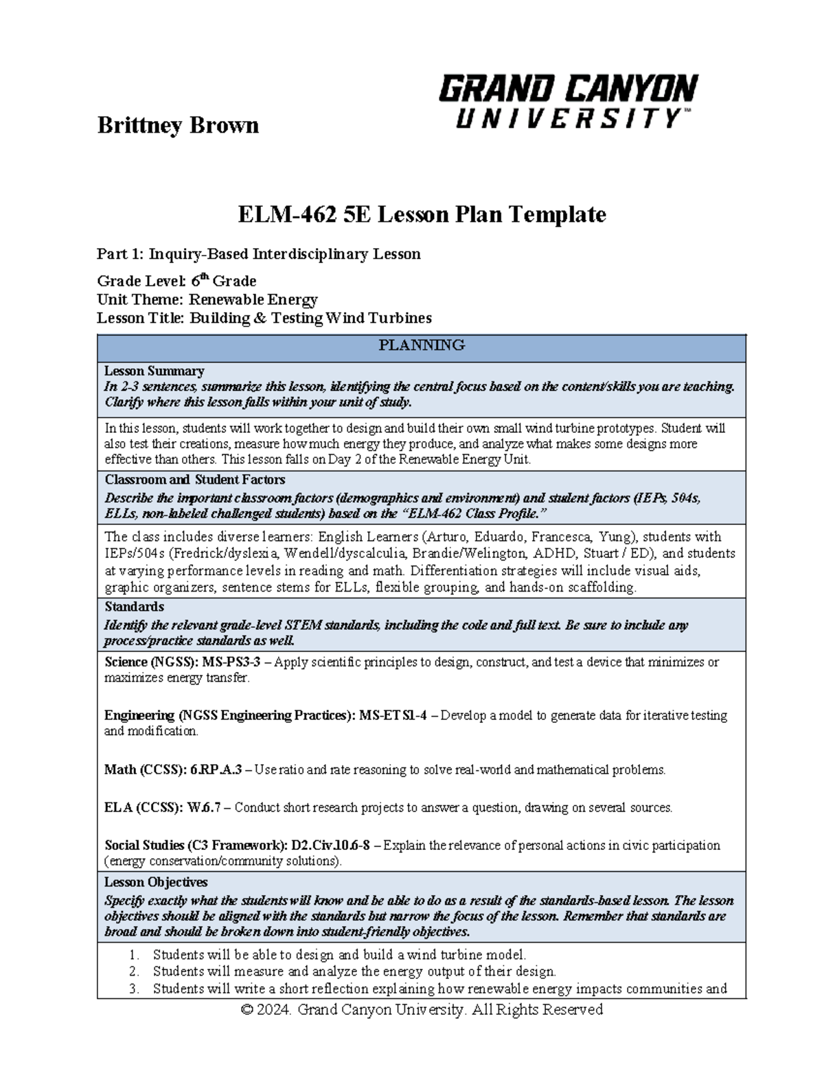 ELM-462 Final Exam: 5E Lesson Plan on Wind Turbines for 6th Grade - Studocu