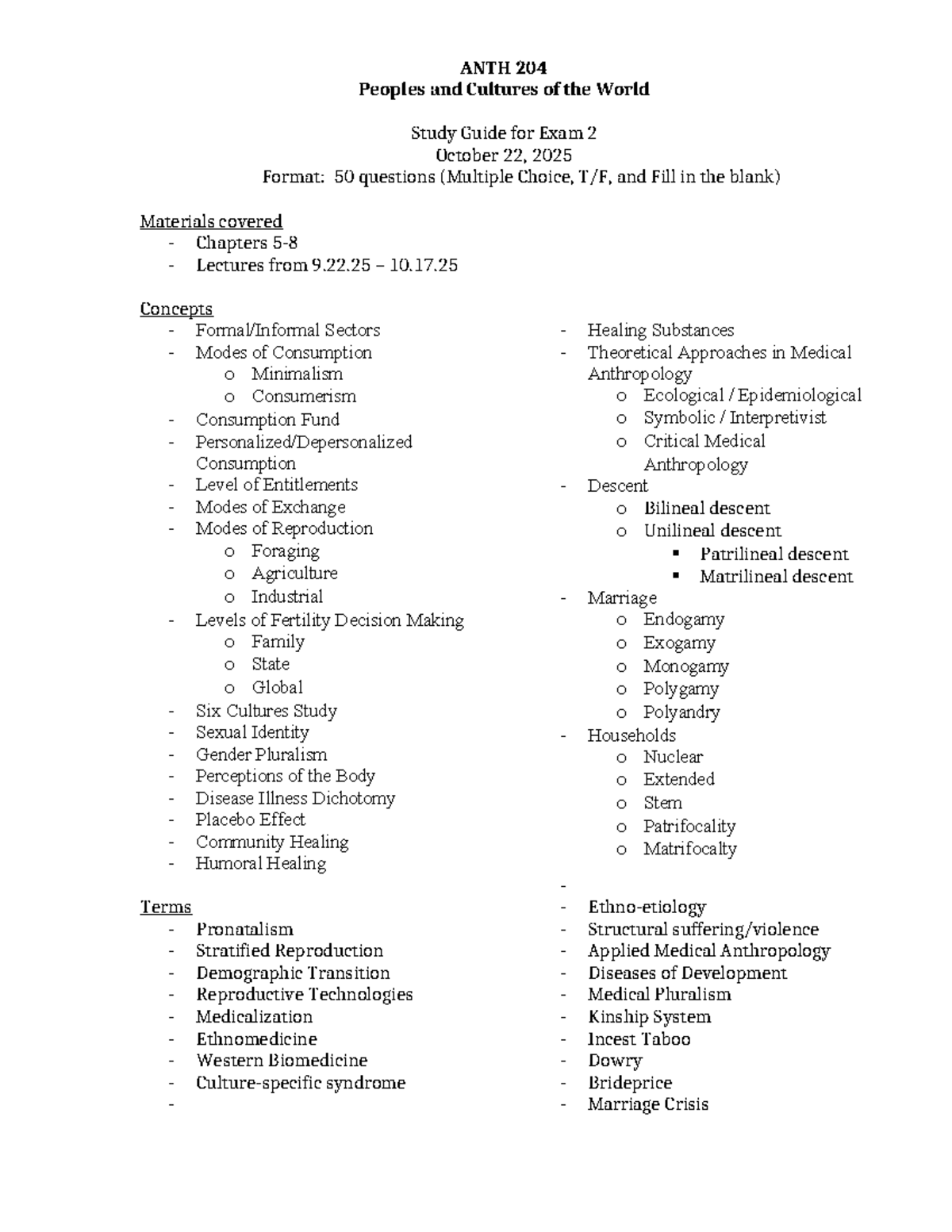 ANTH 204 Study Guide for Exam 2: Peoples & Cultures Overview - Studocu