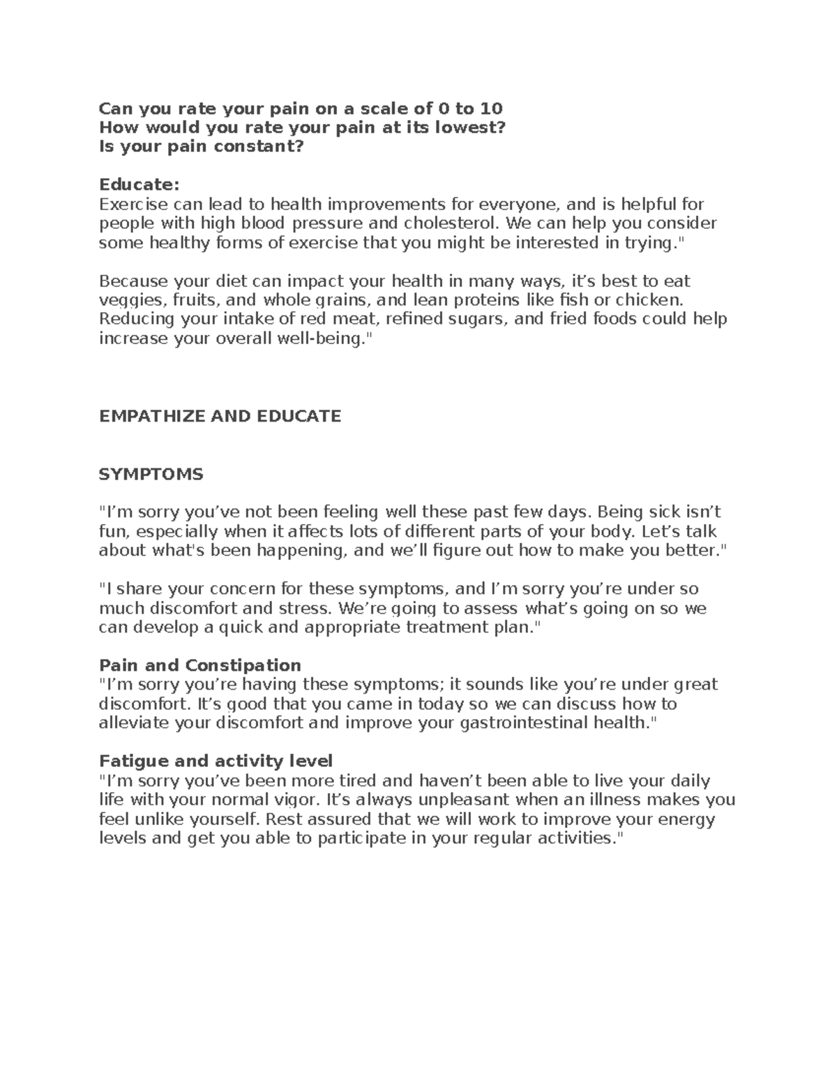 Health Education & Pain Management Strategies - Shadow Health Scripts ...