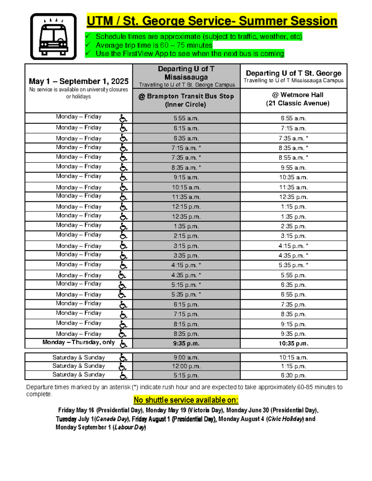 UTM St. George Summer 2025 Shuttle Schedule (Approx. Times) - Studocu