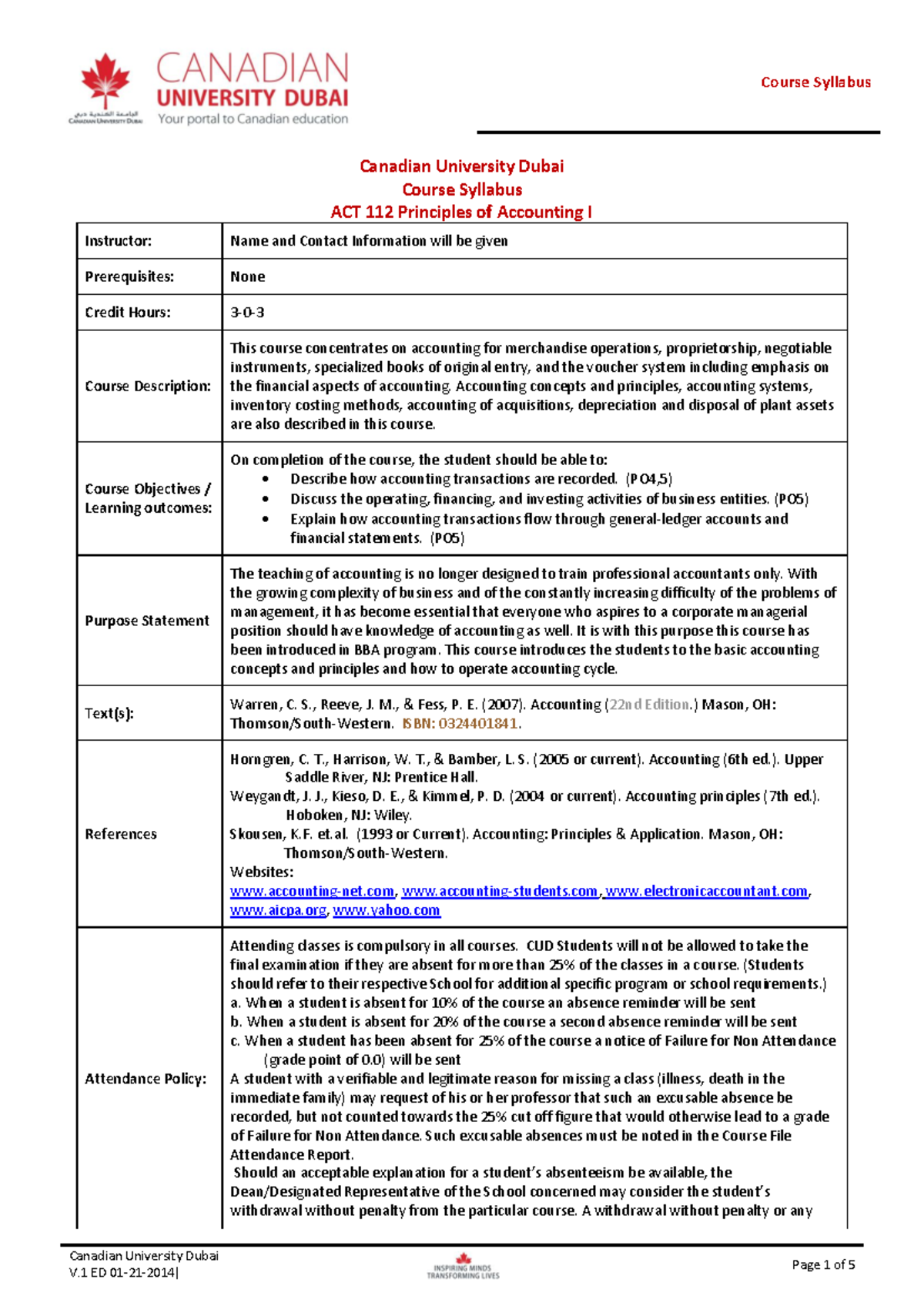 ACT 112 Principles of Accounting I Course Syllabus and Overview - Studocu
