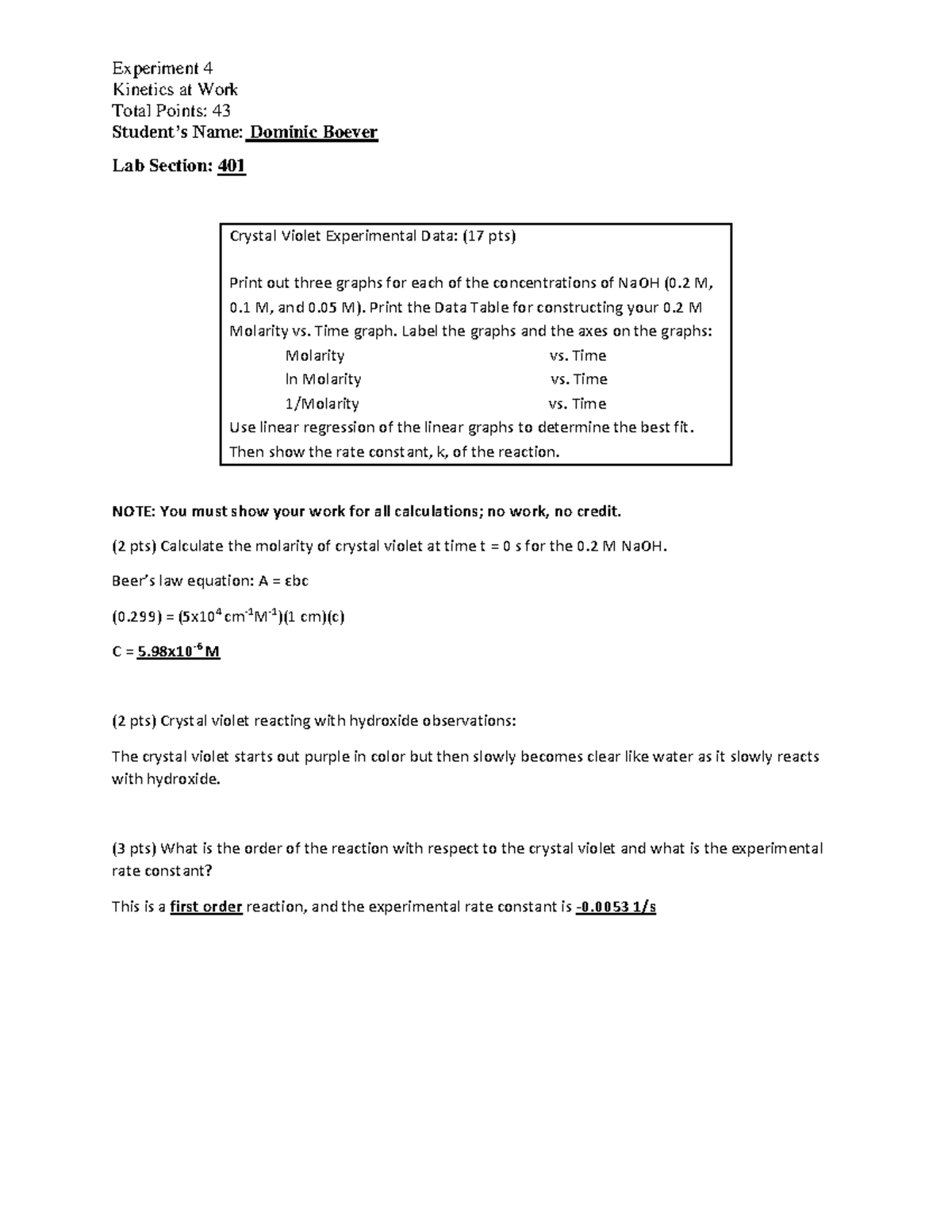 CHEM 110 L Experiment 4: Kinetics and Crystal Violet Reaction Insights ...
