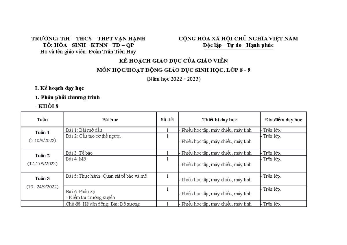 PL3 KHGD SINH 8+9 (VH) - biology - TRƯỜNG: TiH – THCS – THPT VẠN HẠNH ...