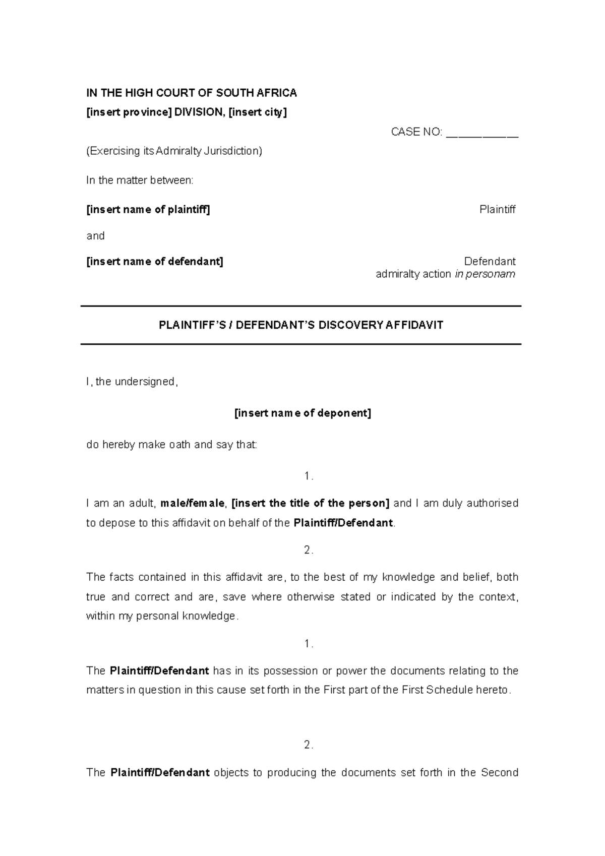 Discovery Affidavit Template For Admiralty Jurisdiction Case Studocu