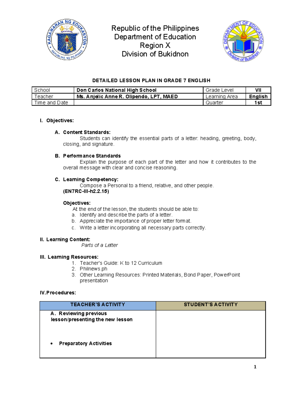Grade 7 English Lesson Plan: Parts of a Letter (EN7RC-III-h2.2) - Studocu