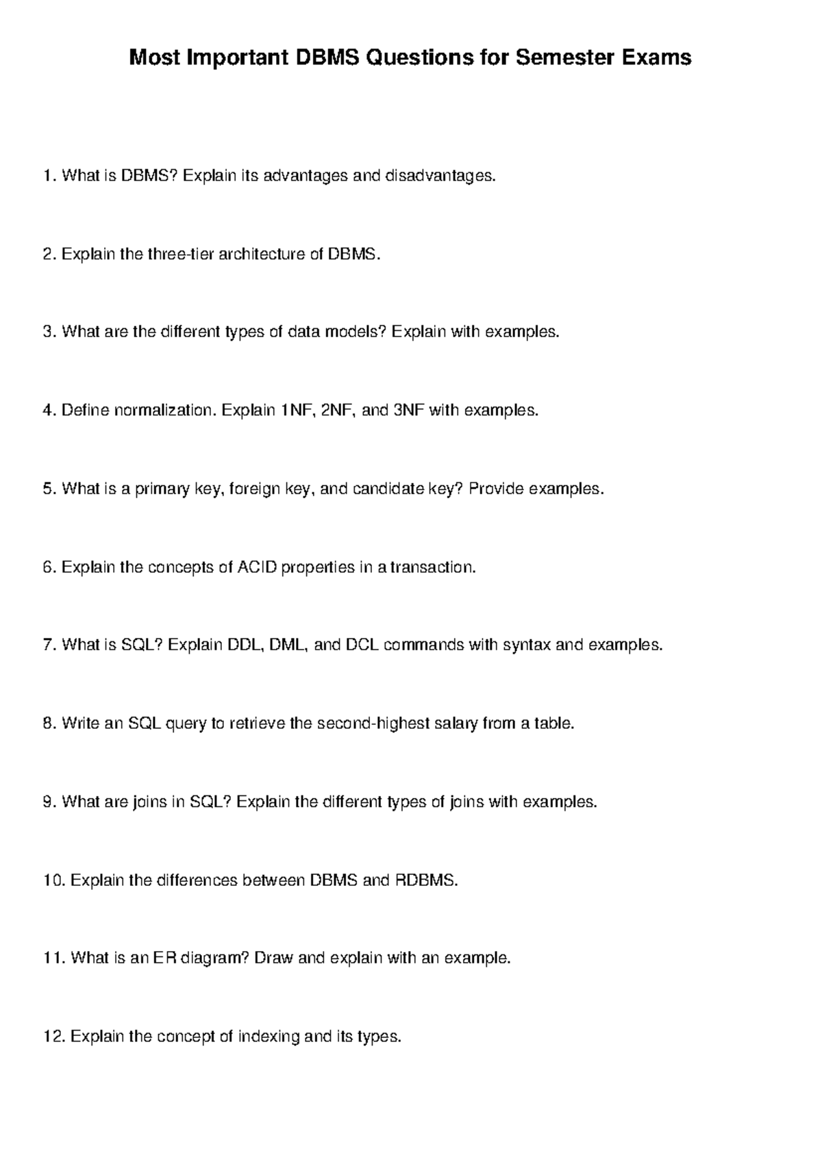 DBMS Important Questions for Semester Exams (CS101) - Studocu