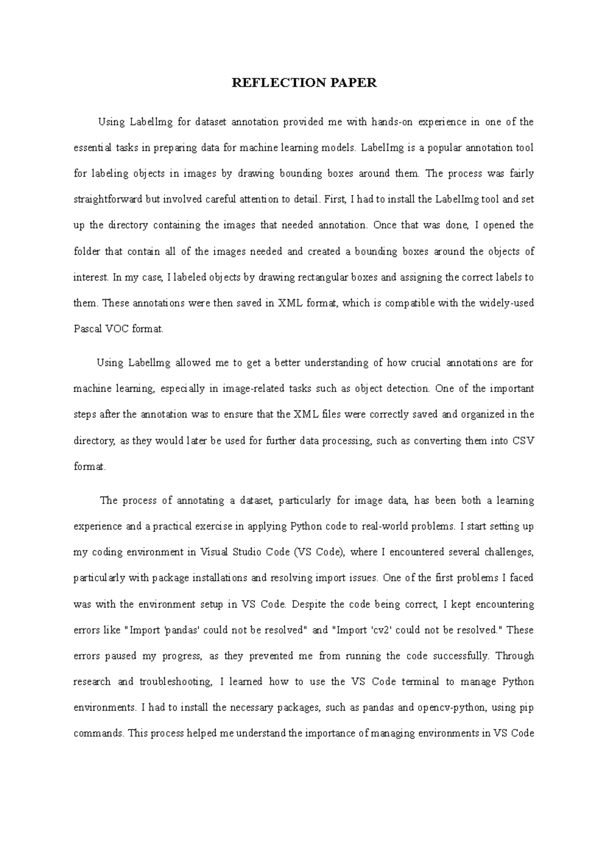 Reflection - Programming - REFLECTION PAPER Using Labellmg for dataset ...