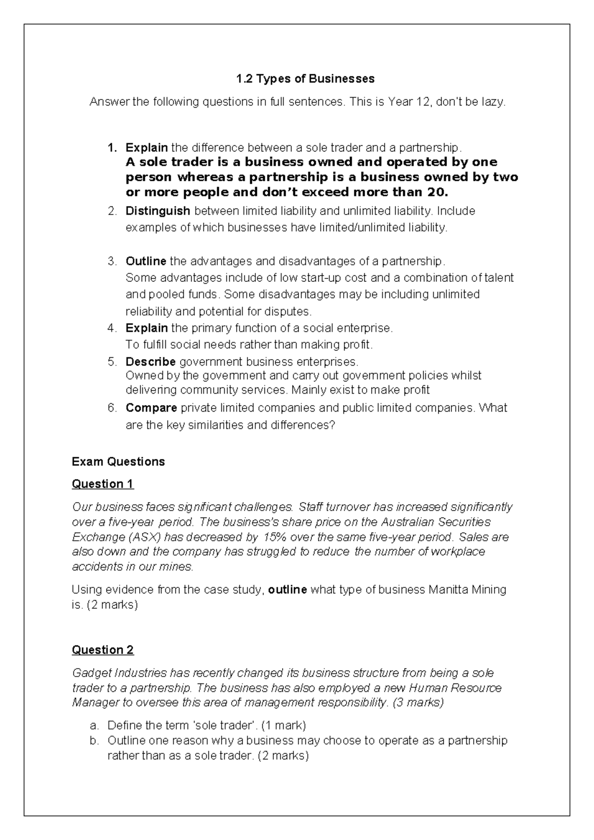 1.2 Types of Businesses: Year 12 Exam Questions and Answers - Studocu