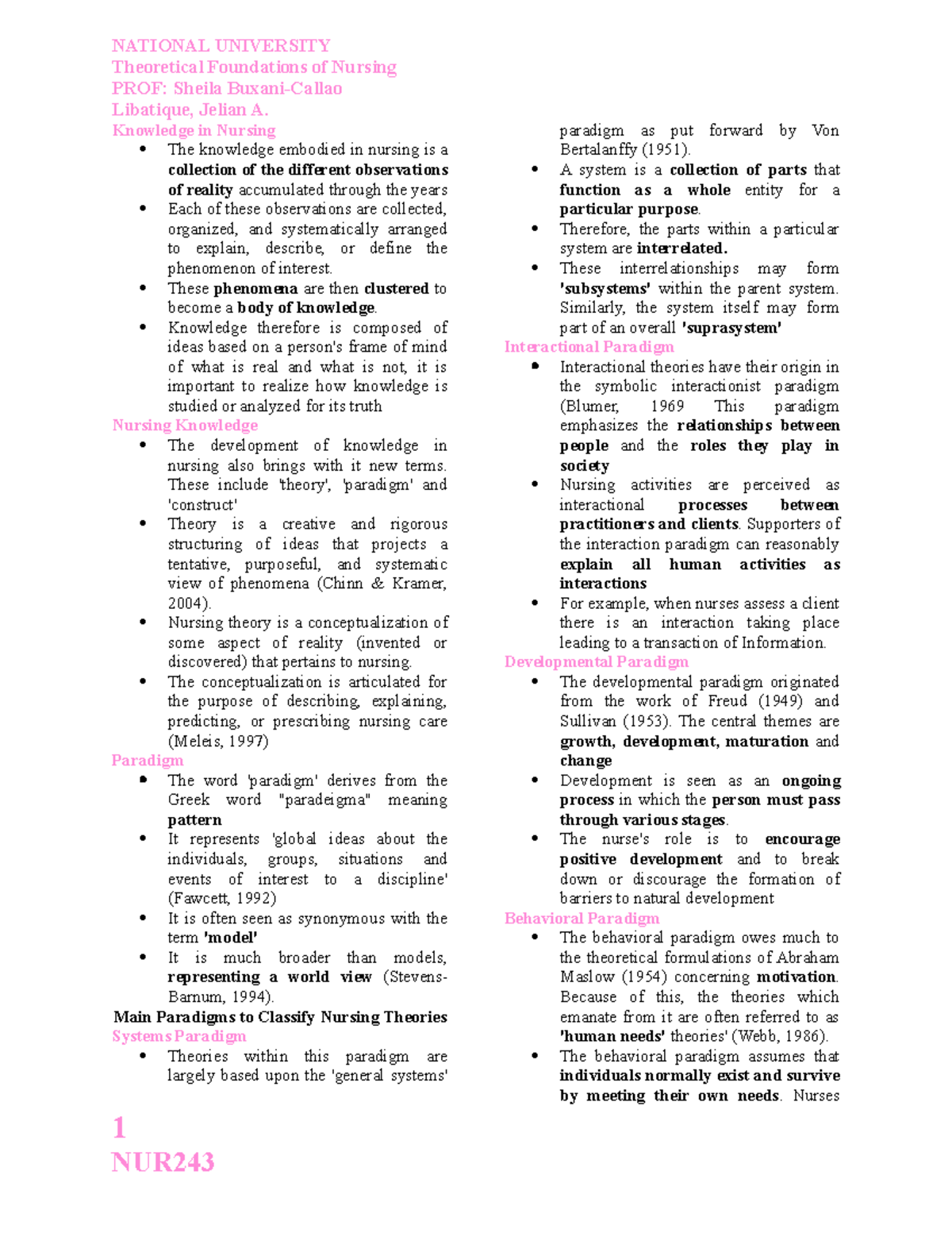 NUR243 Theoretical Foundations of Nursing: Week 2 Lecture Notes - Studocu