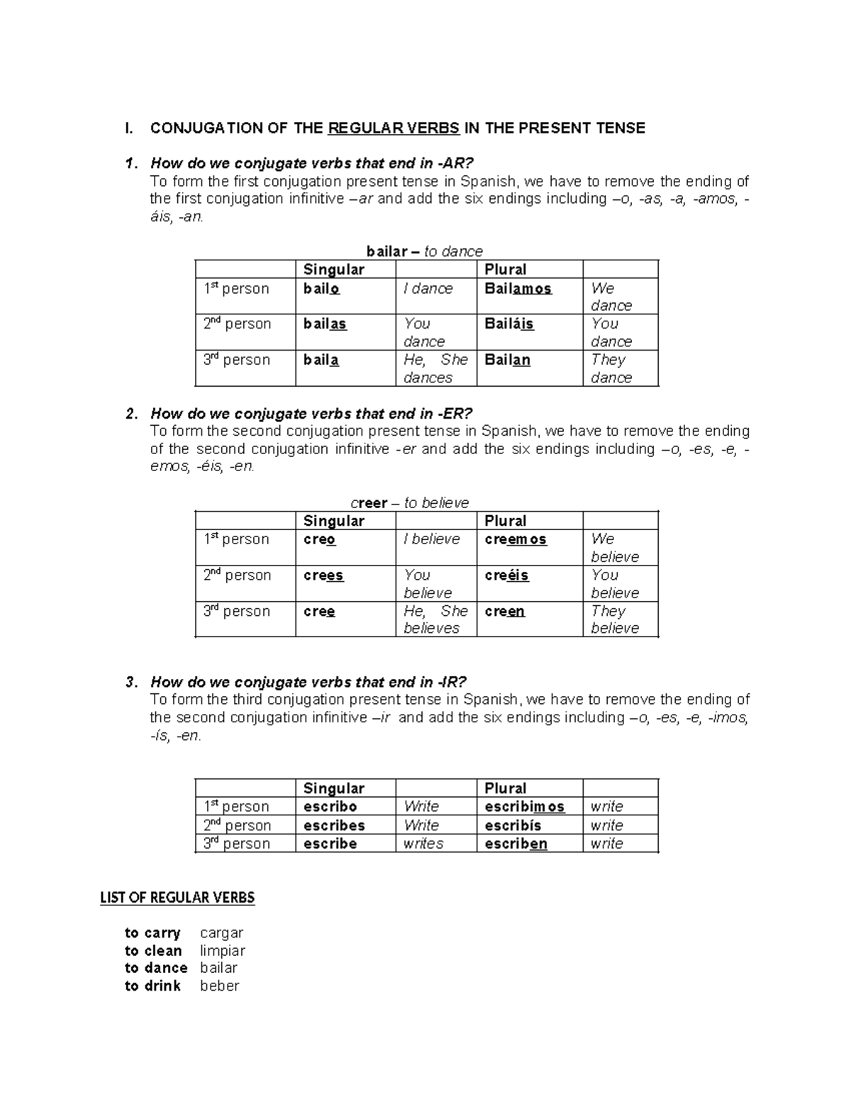 Regular AND LESS Regular Verbs IN THE Present Tense - I. CONJUGATION OF ...
