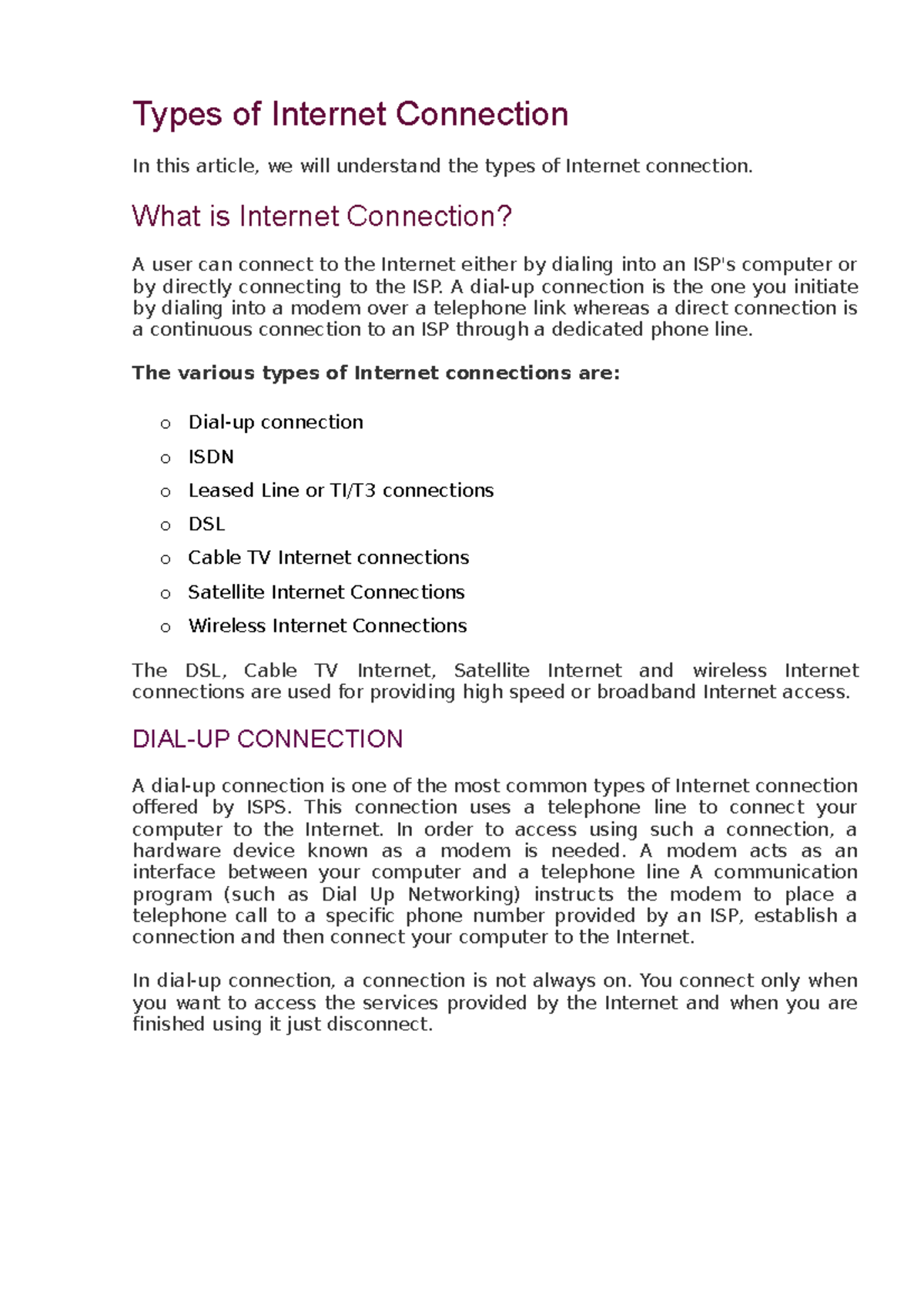 Types of Internet Connection - What is Internet Connection? A user can ...
