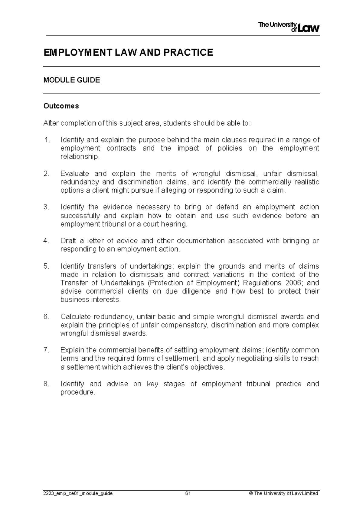 2223 emp ce01 module guide - EMPLOYMENT LAW AND PRACTICE MODULE GUIDE ...