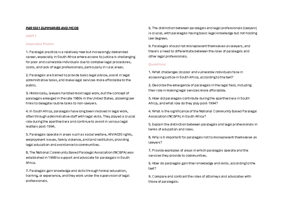 PAR1501 Unit 1 Summaries and MCQs on Paralegal Practice - Studocu