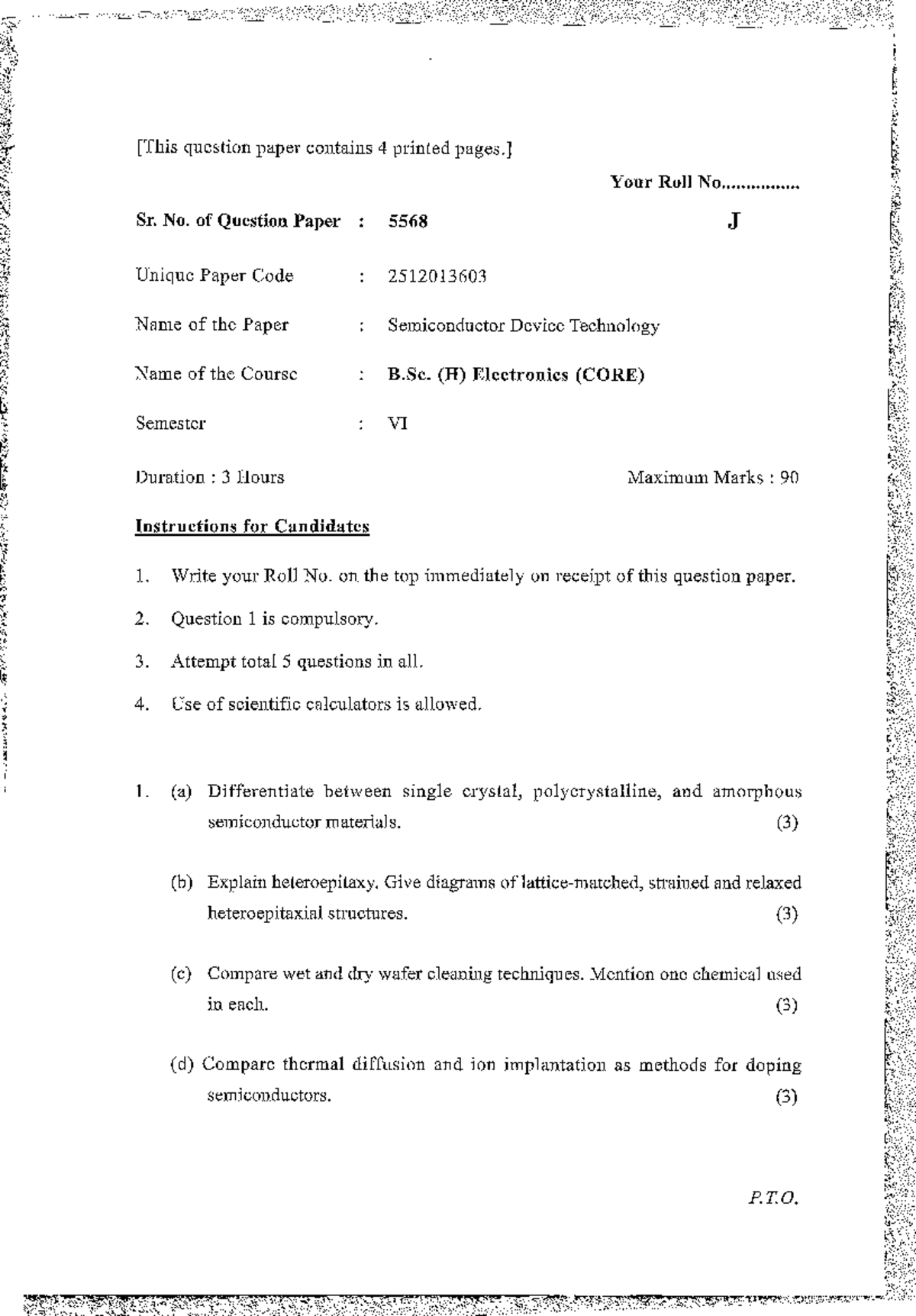 Semiconductor Device Technology Question Paper B.Sc. (H) Electronics VI ...