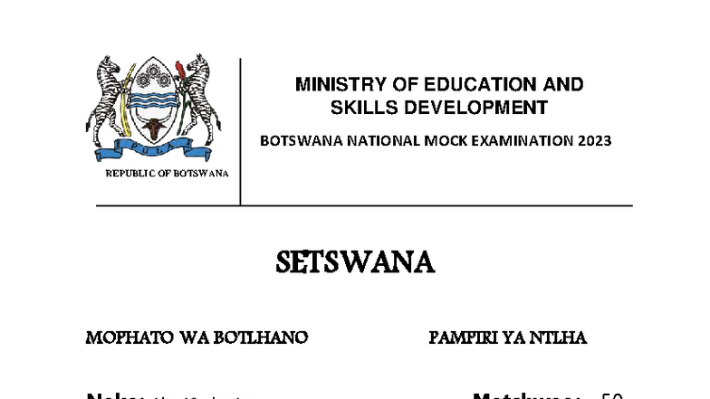 Setswana Mock Examination Paper 1 - 2023 - Studocu