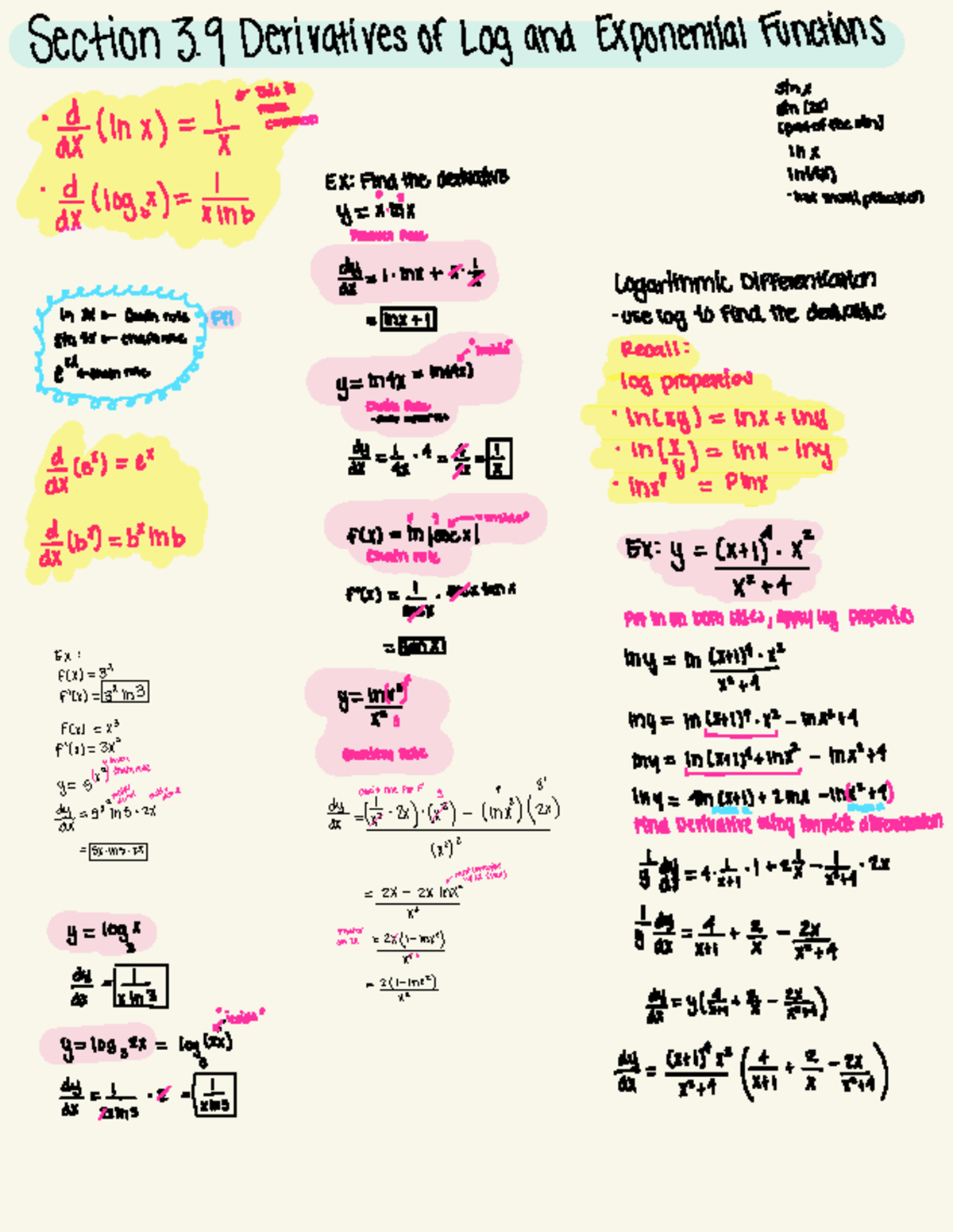Calculus 101 - Derivatives of Log & Exponential Functions - Studocu