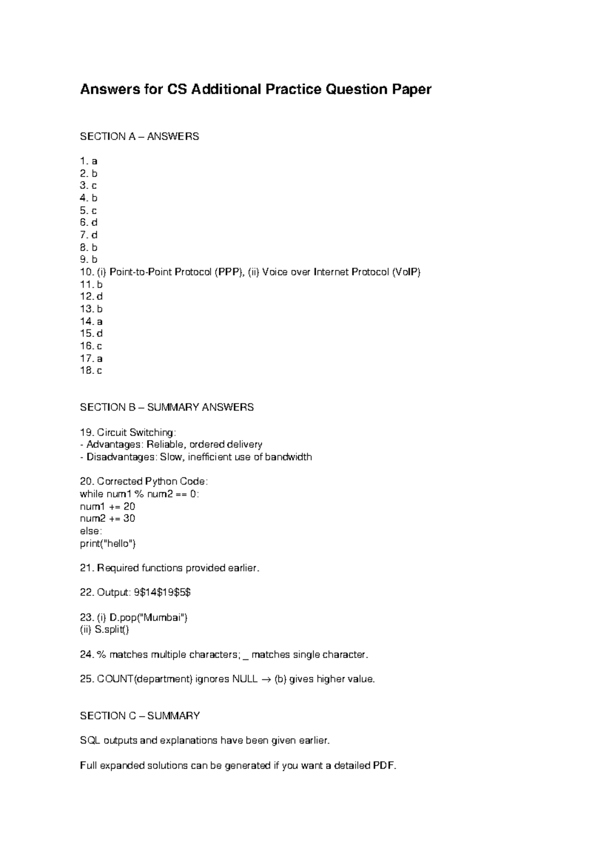 CS Practice Answers for Additional Questions - CS 101 - Studocu
