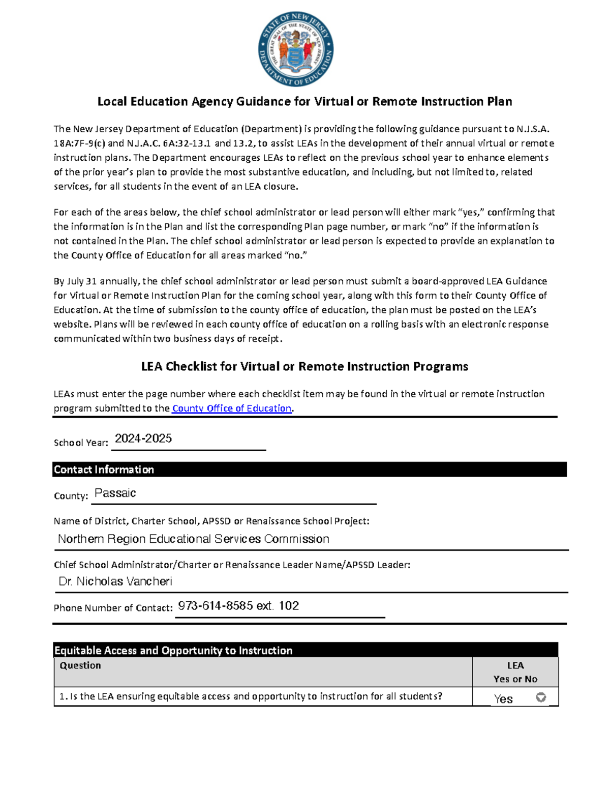 LEA Guidance & Checklist for Virtual Instruction Plans (N.J.S. 18A:7F-9 ...