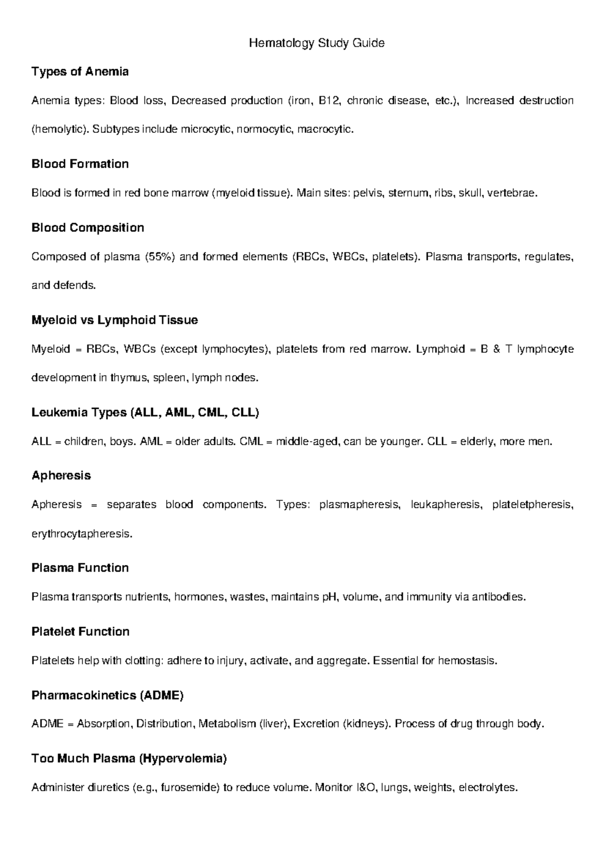 Hematology Study Guide: Types of Anemia and Blood Functions - Studocu
