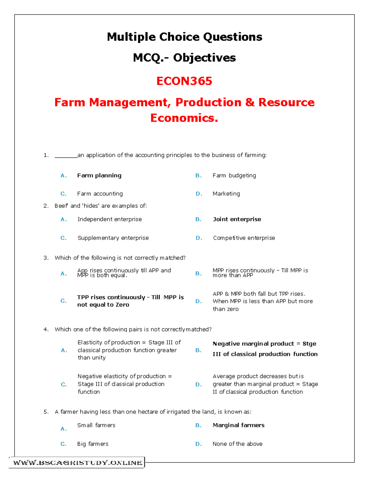 ECON365 Multiple Choice Questions on Farm Management & Production ...