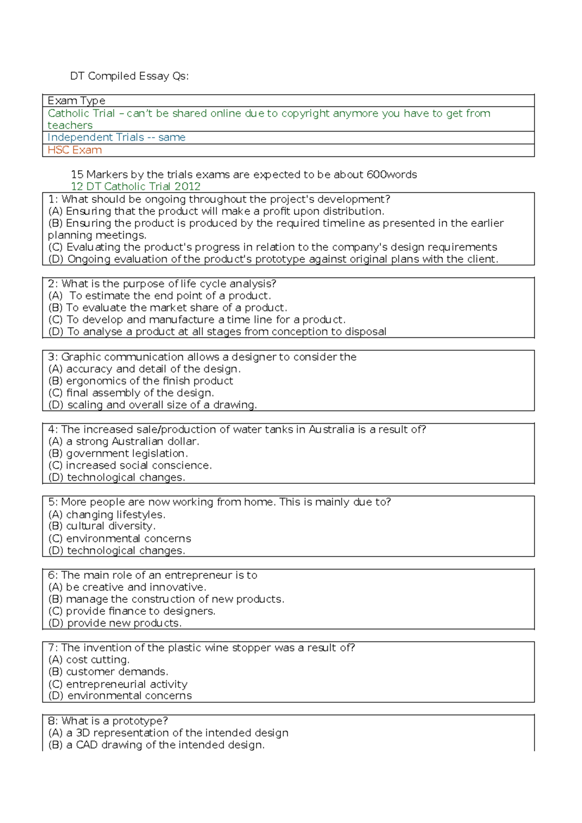 DT Compiled Essay Questions: Comprehensive Collection for Catholic ...