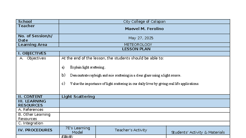 METEOROLOGY DLP: Lesson Plan on Light Scattering and Clouds - Studocu
