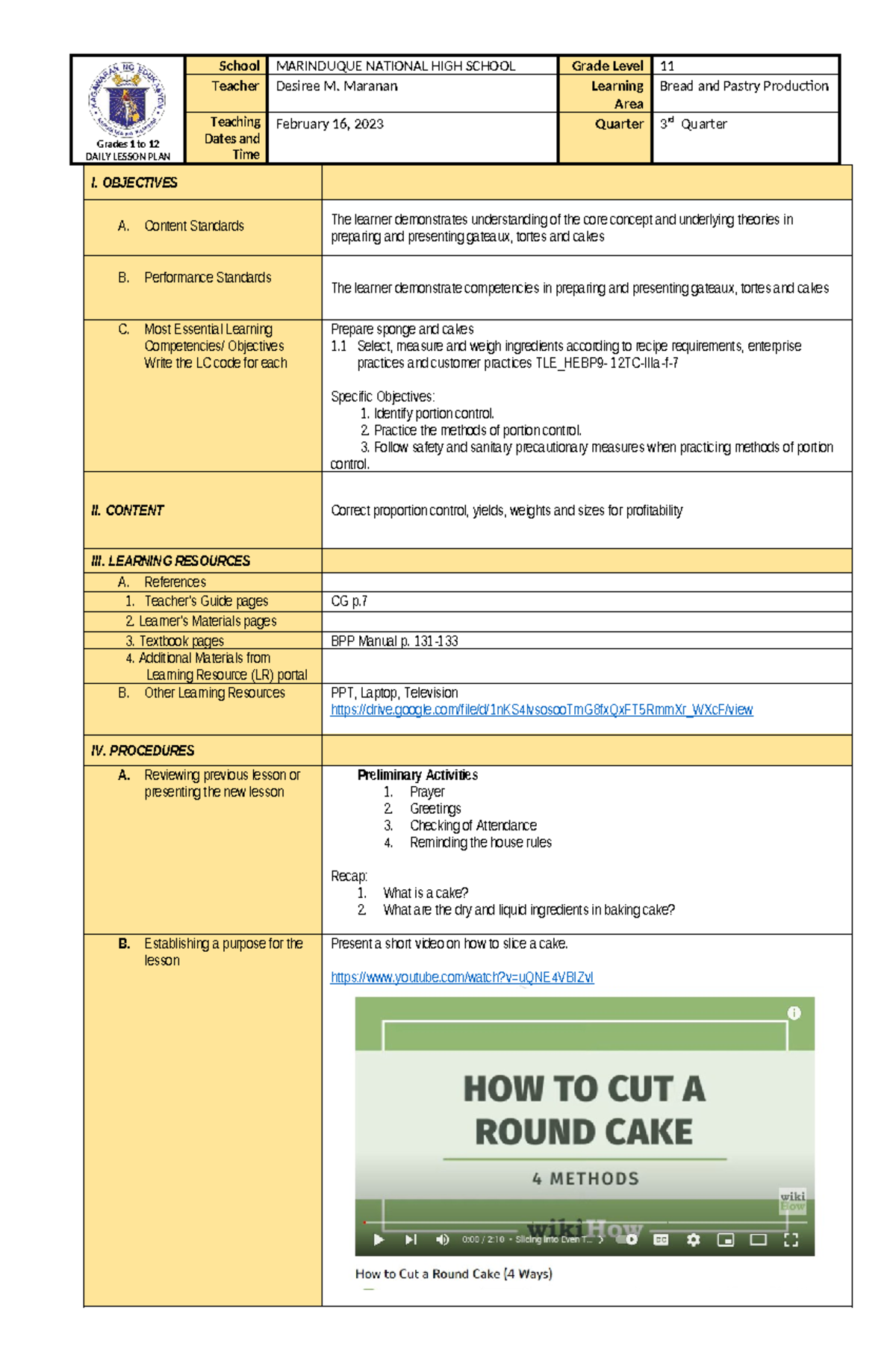 BPP-TLE Lesson Plan for Gateaux, Tortes & Cakes Preparation - Feb 16 ...