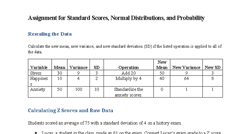 Assignment for Z Scores, Normal Distributions, and Probability Analysis - Studocu