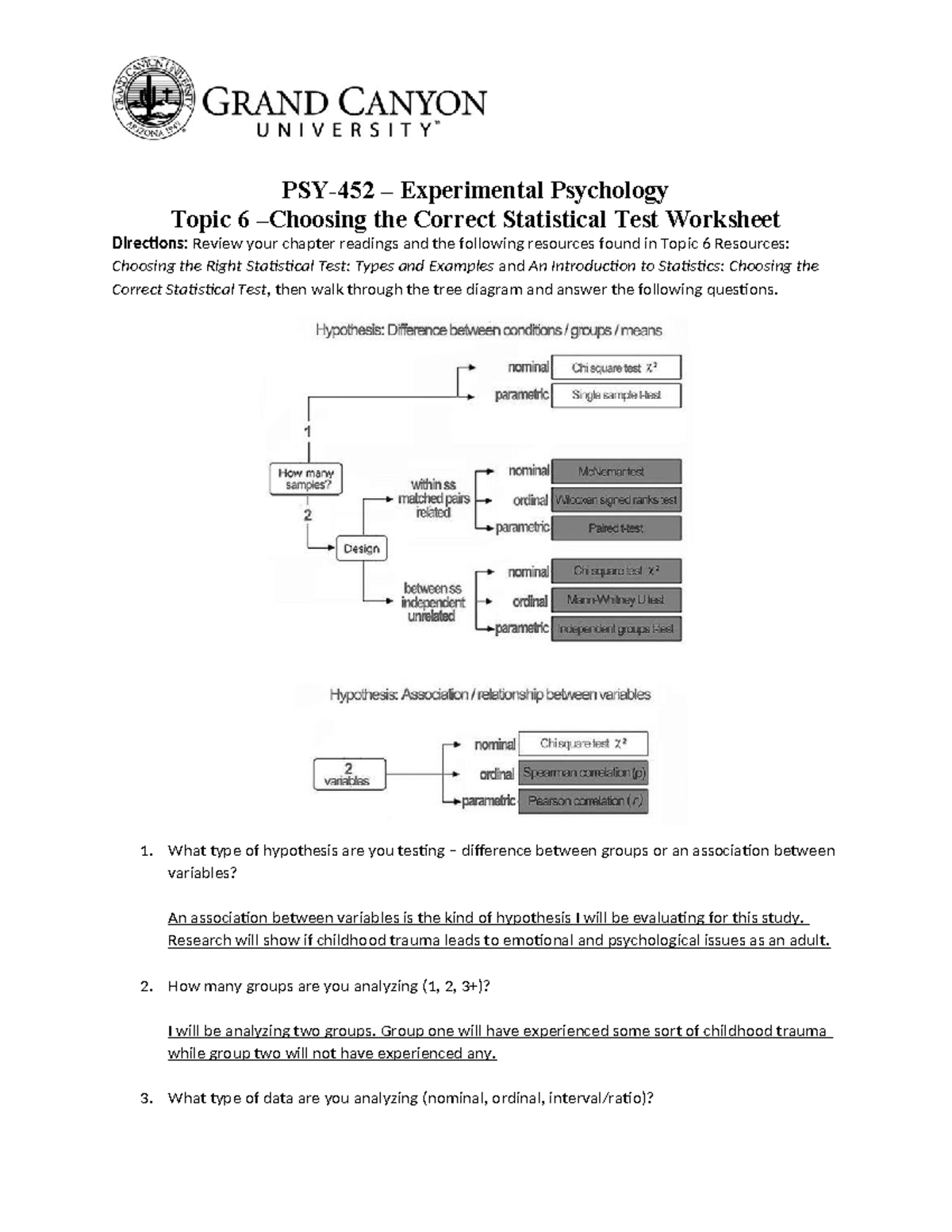 PSY-452-Experimental Psychology: Statistical Test Selection Worksheet ...