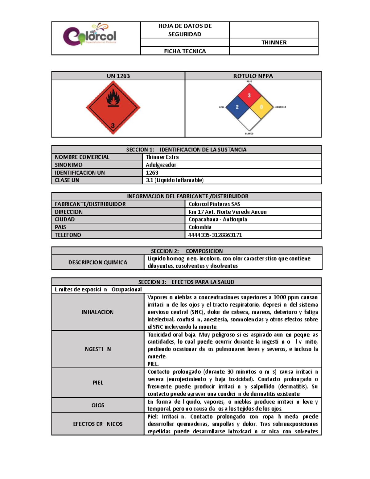 Ficha Técnica de Seguridad: Thinner Extra (UN 1263) - Studocu