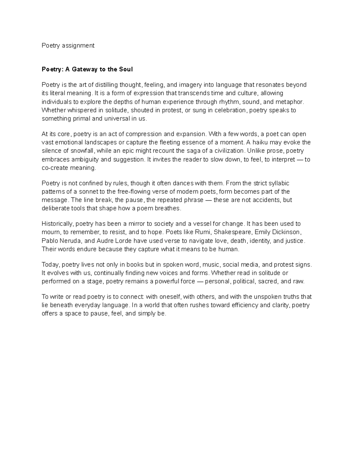 Poetry Assignment: Exploring the Depths of Human Experience - Studocu
