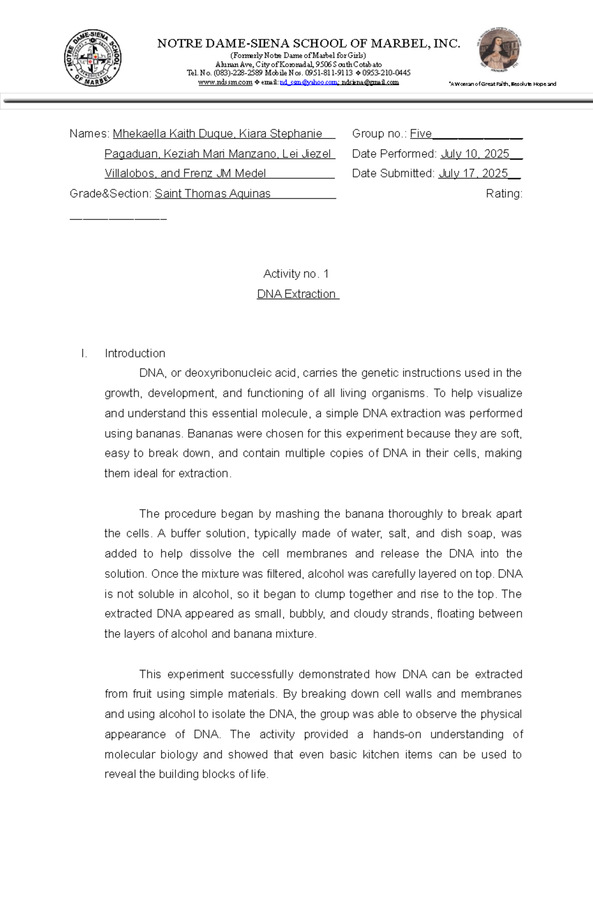 Laboratory Report: DNA Extraction from Banana - Group 5 Final - Studocu
