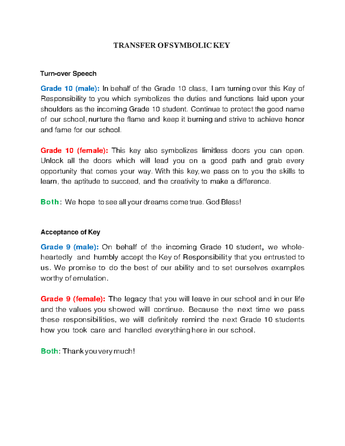 Key of responsibility speech for grade 10 students - Studocu