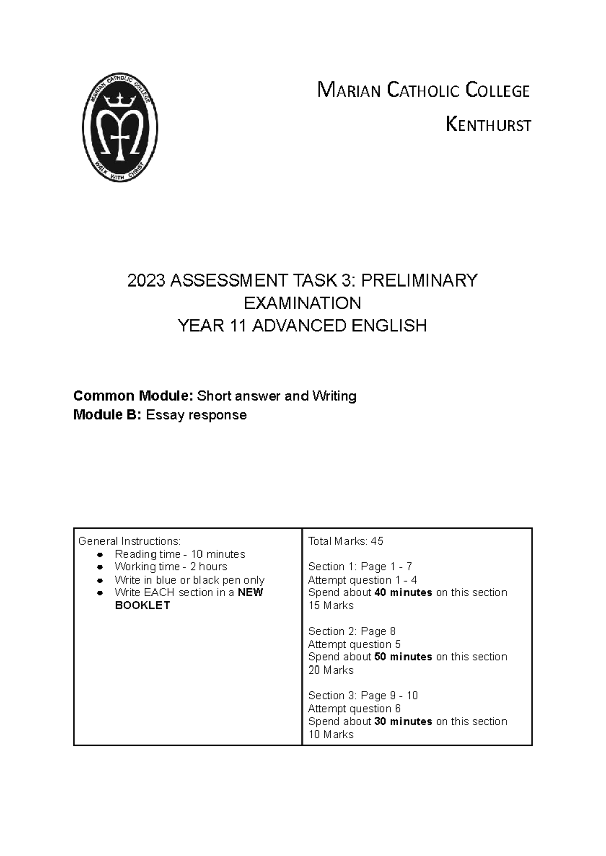 MARIAN CATHOLIC COLLEGE KENTHURST 2023 YEAR 11 ADVANCED ENGLISH PRELIMINARY - Studocu