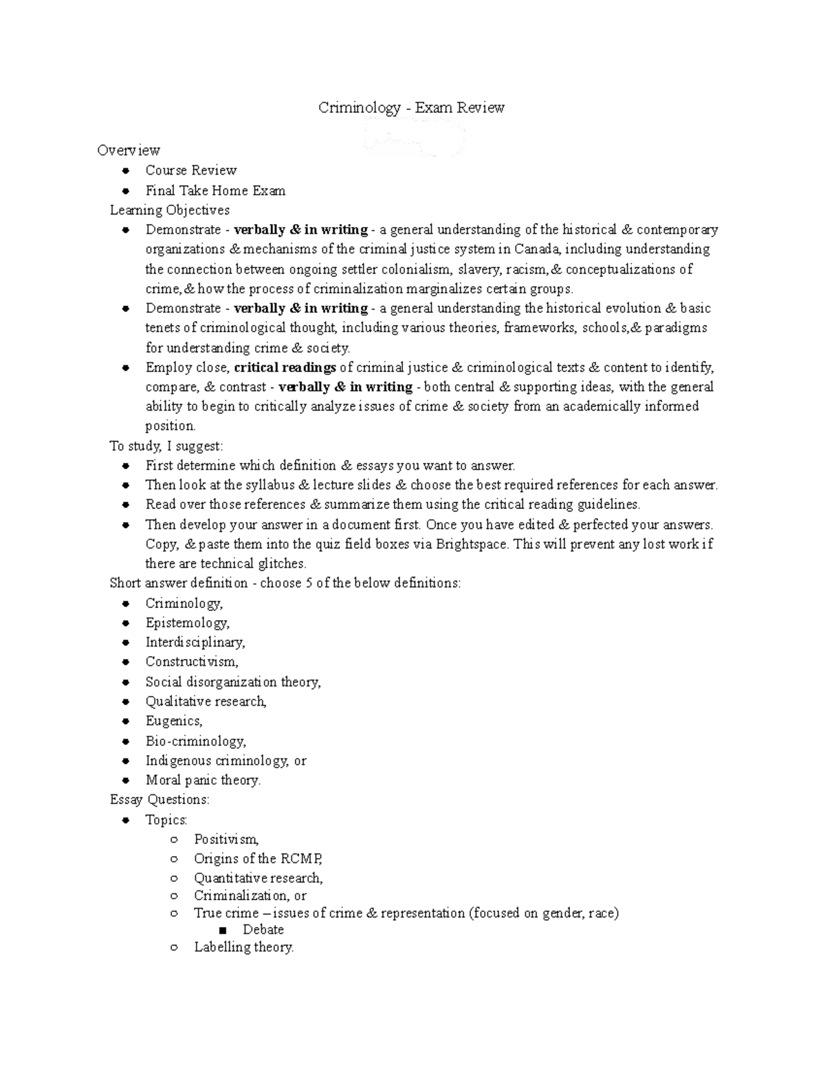 Crim. 101 Final Exam Review: Key Concepts & Critical Analysis - Studocu