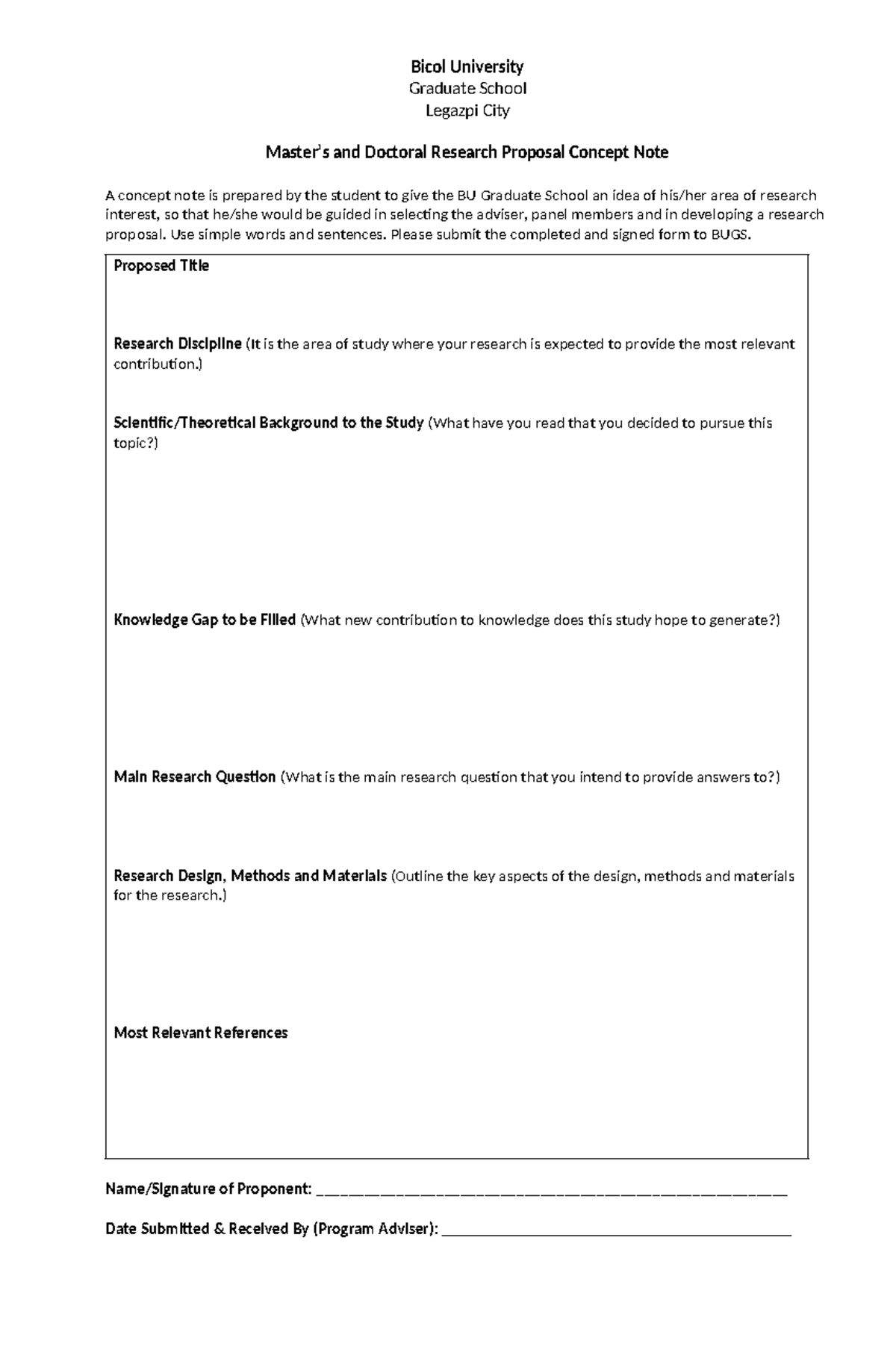 BICOL UNIV Graduate School Research Proposal Concept Note - Studocu