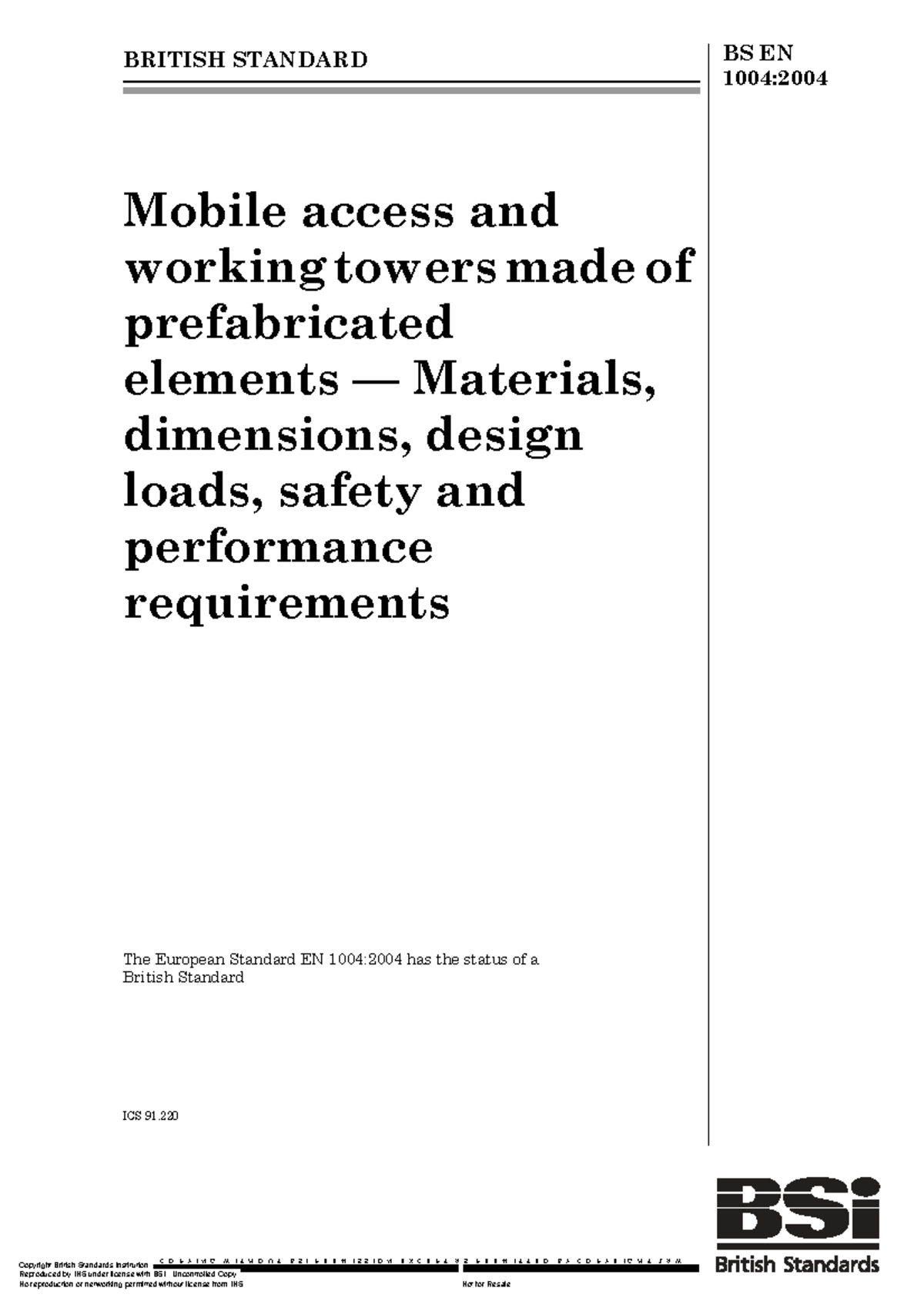 BS EN 1004:2004 - British Standard for Mobile Access Towers - Studocu