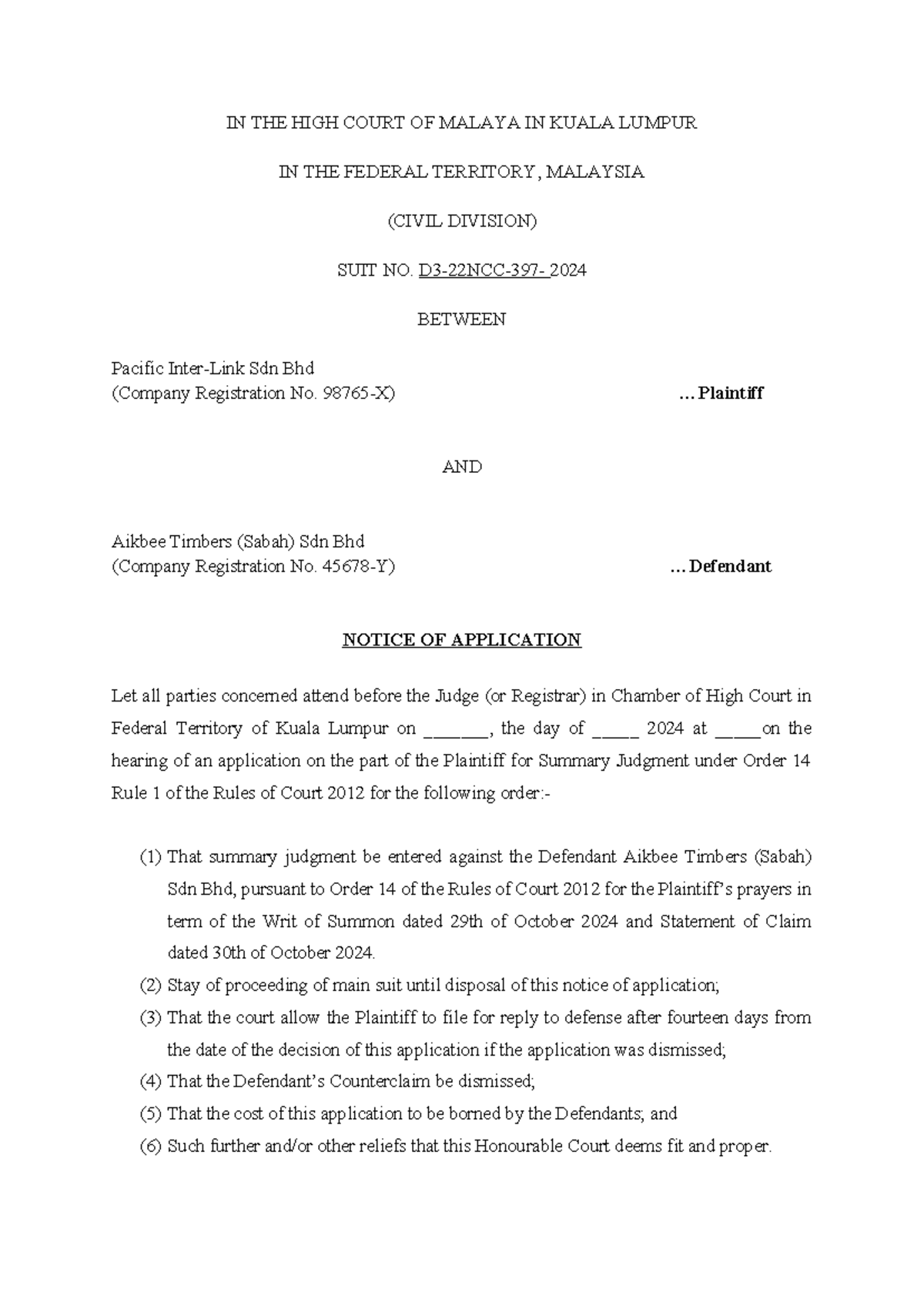 Notice of application for summary judgment in suit no. 2024 - Studocu