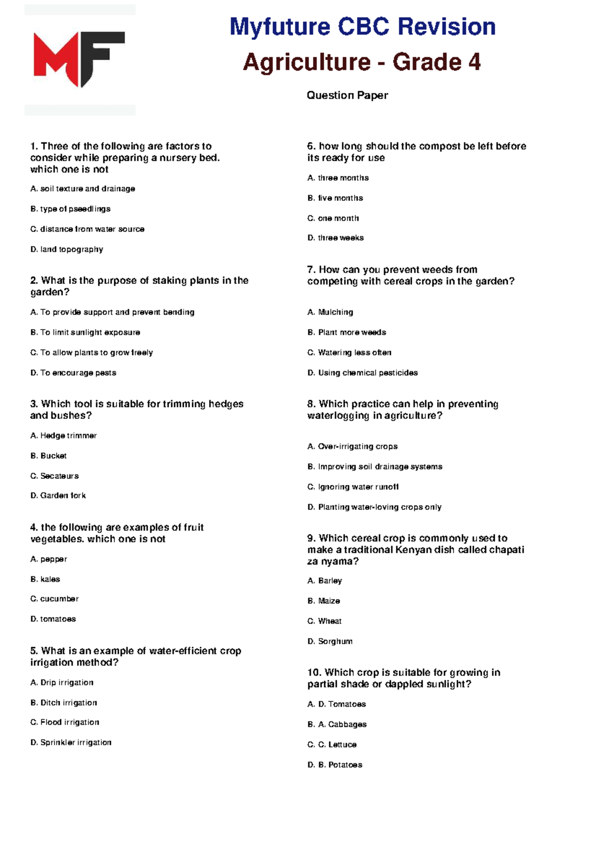 CBC Agriculture Grade 4 Revision: Question Paper 1 - Studocu