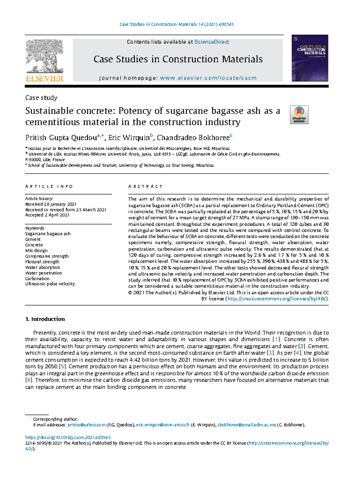 Case Study: Sustainable Concrete Using Sugarcane Bagasse Ash (CEM 14 ...
